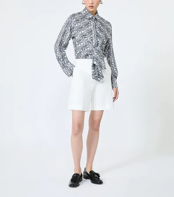 Max Mara Silk Monogram Print Blouse With Front Tie - Navy
