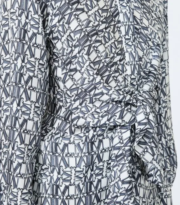 Max Mara Silk Monogram Print Blouse With Front Tie - Navy