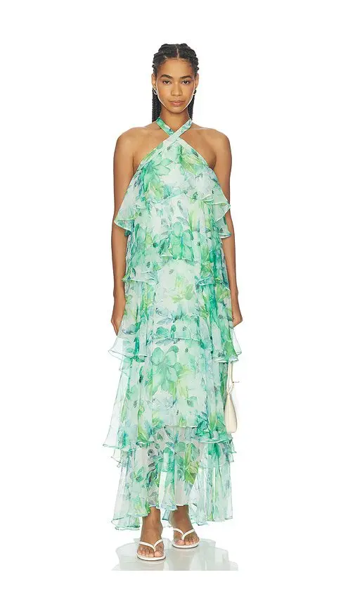 Astr The Label Halterneck Tiered Maxi Dress - Green