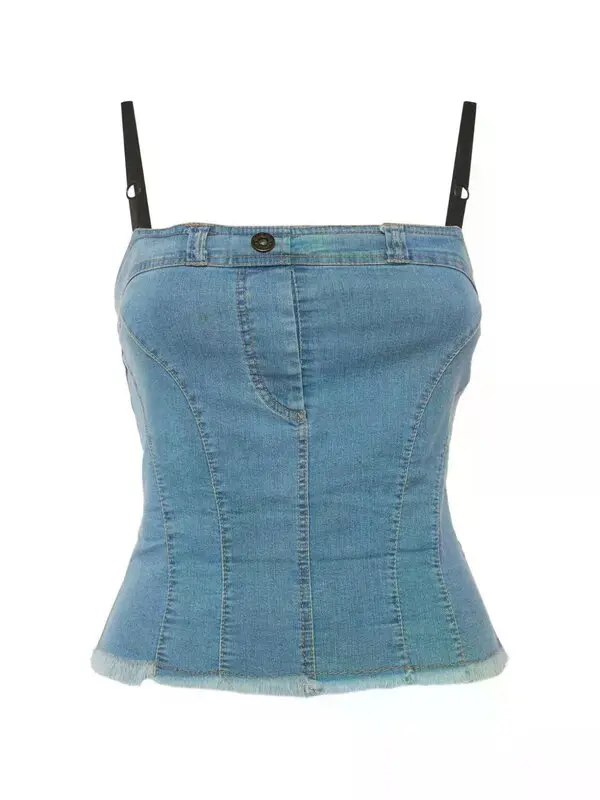 Dolce & Gabbana Open-back Denim Top With Contrast Stitching And Frayed Hem - Blue