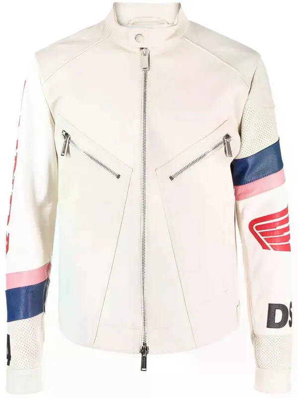 Dsquared2 Logo-patch Leather Biker Jacket - Neutrals
