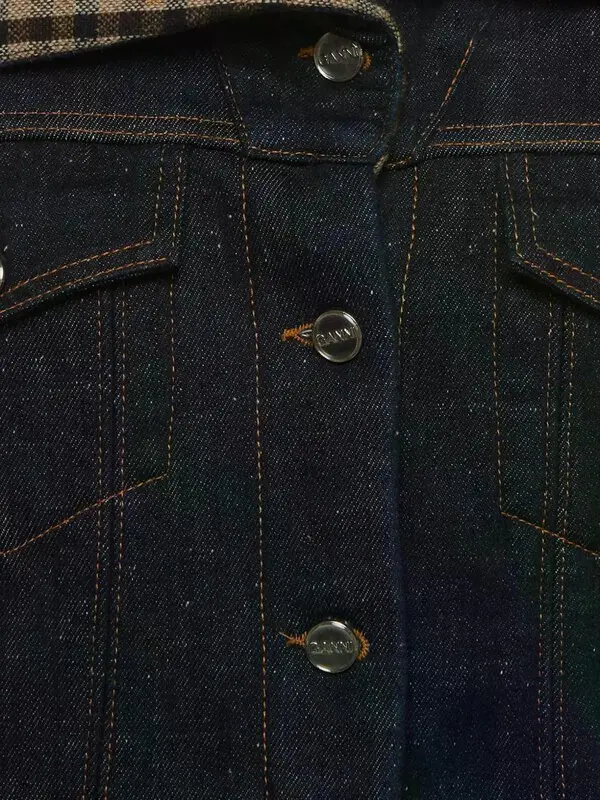 GANNI Fitted Denim Jacket With Check-pattern Collar