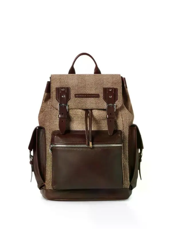Brunello Cucinelli Burnished Calfskin And Chevron-effect Techno Fabric Backpack - Neutrals