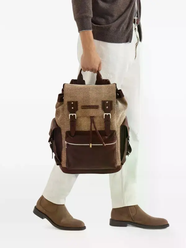 Brunello Cucinelli Burnished Calfskin And Chevron-effect Techno Fabric Backpack