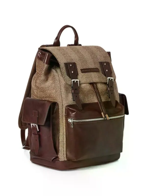 Brunello Cucinelli Burnished Calfskin And Chevron-effect Techno Fabric Backpack