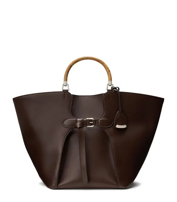 Ralph Lauren Leather Tote Bag With Wooden Top Handles - Brown