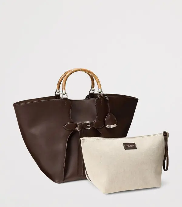 Ralph Lauren Leather Tote Bag With Wooden Top Handles