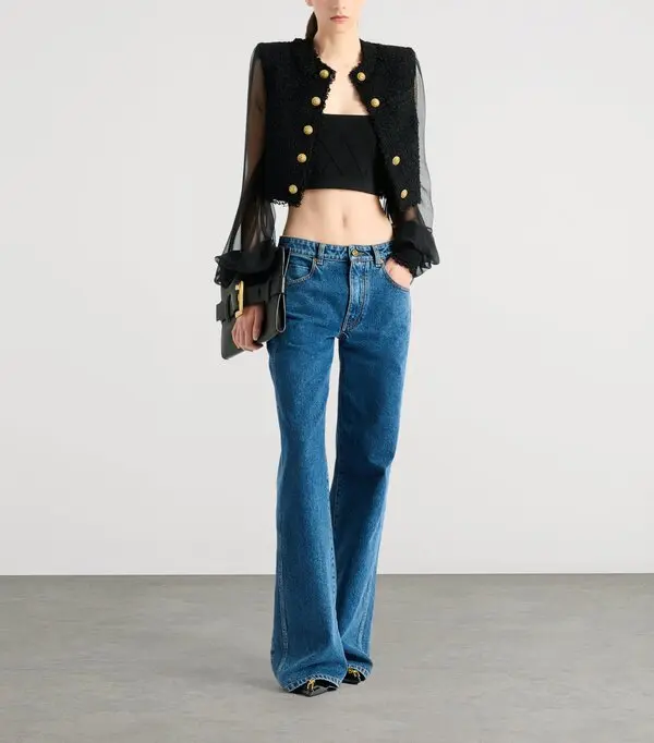 Balmain Tweed And Muslin Cropped Blouse