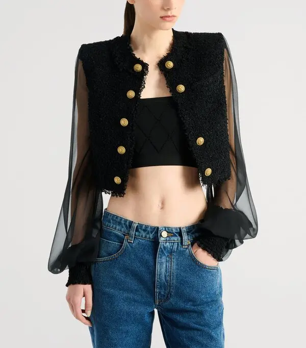 Balmain Tweed And Muslin Cropped Blouse