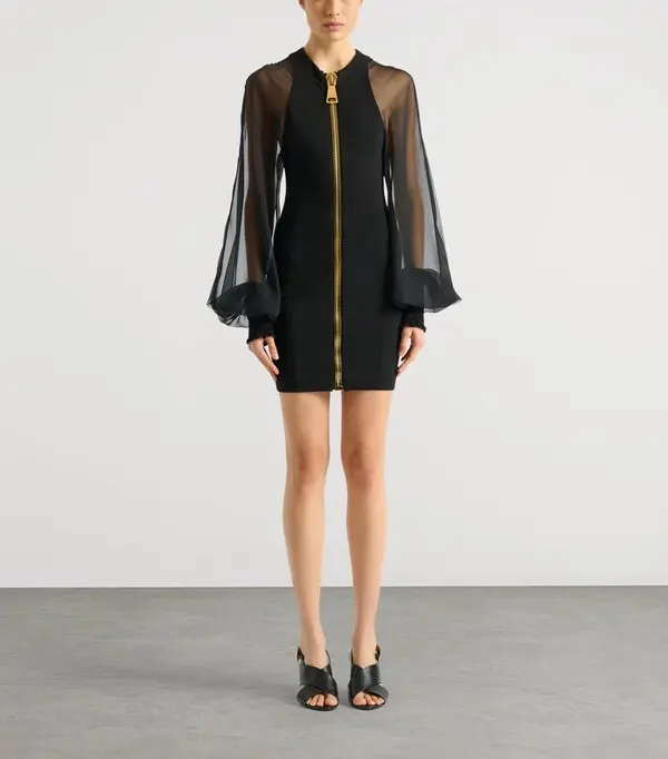 Balmain Jersey Zip Mini Dress With Sheer Balloon Sleeves