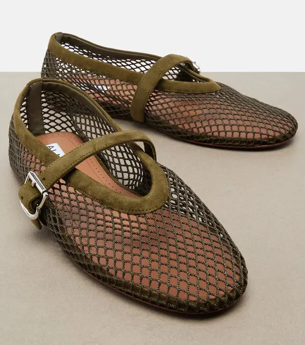 Alaïa Suede-trimmed Fishnet Ballet Flats - Green