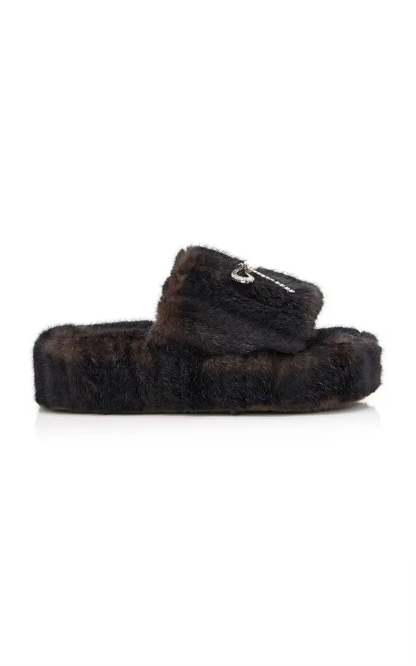Balenciaga Furry Platform Slippers With Crystal Bow - Brown