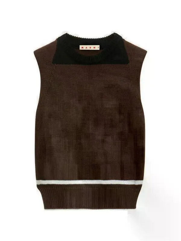 Marni Cotton Contrast Ribbed Crew Neck Vest - Brown
