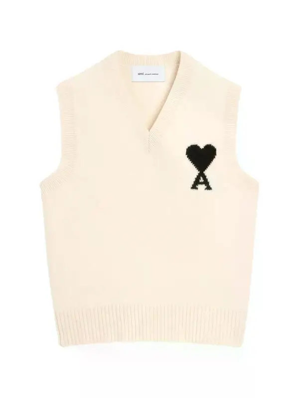 AMI Paris Sleeveless Wool Sweater With De Coeur - Neutrals