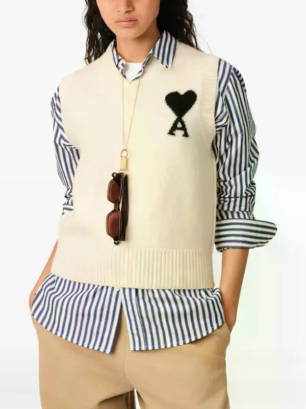 AMI Paris Sleeveless Wool V-neck Sweater With De Coeur Emblem