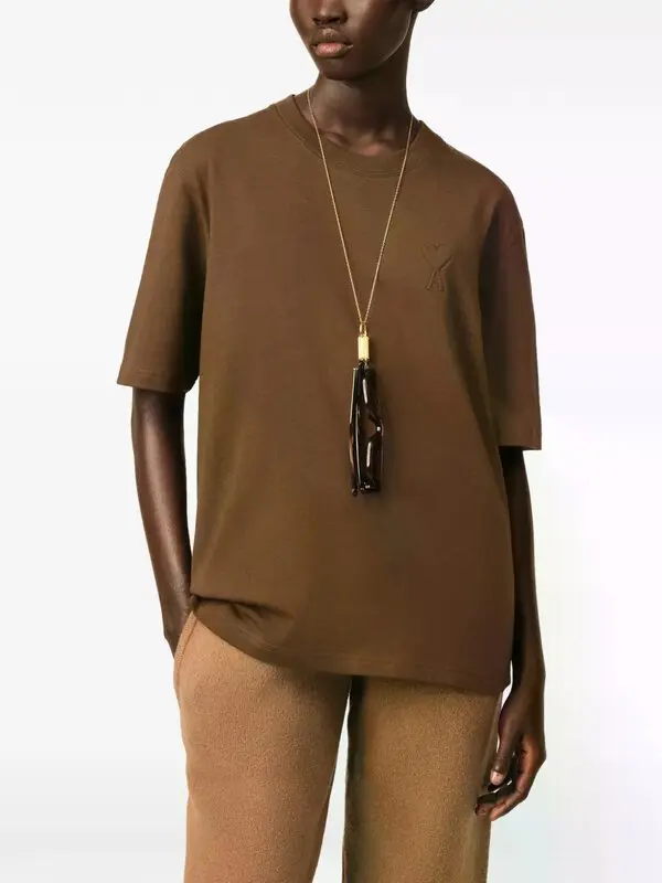 AMI Paris Cotton T-shirt With Embossed De Coeur - Brown