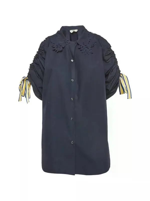 Fendi Cotton Shirt With Embroidered Collar And Ruched Sleeves - Blue