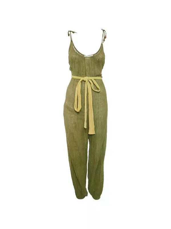 Zimmermann Crinkled Jumpsuit With Tie-fastening Shoulder Straps And Belted Waist - Green