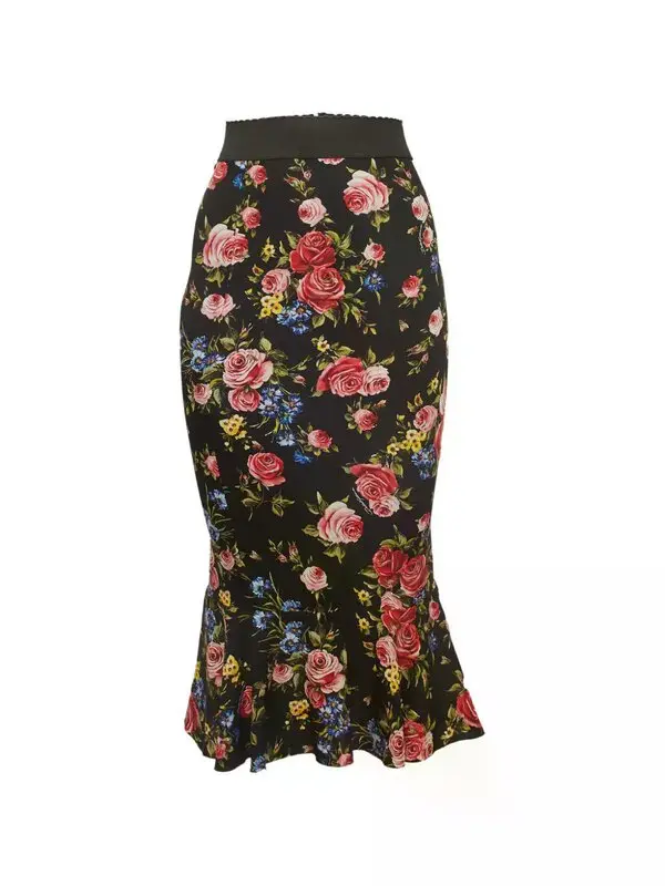 Dolce & Gabbana Floral Print Ruffled Hem Midi Skirt - Black