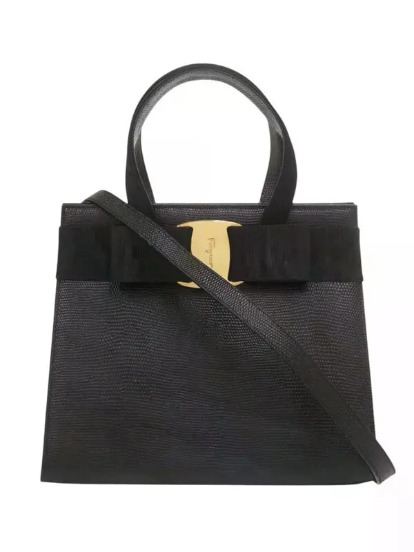 FERRAGAMO Lizard Embossed Leather Vara Bow Satchel - Black
