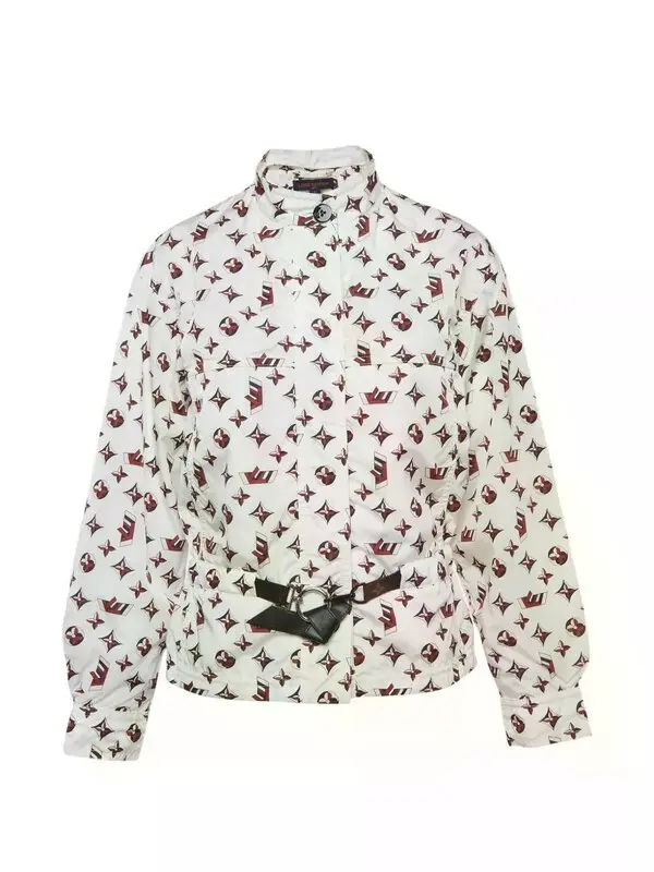 LOUIS VUITTON Monogram Print High Neck Belted Jacket - White