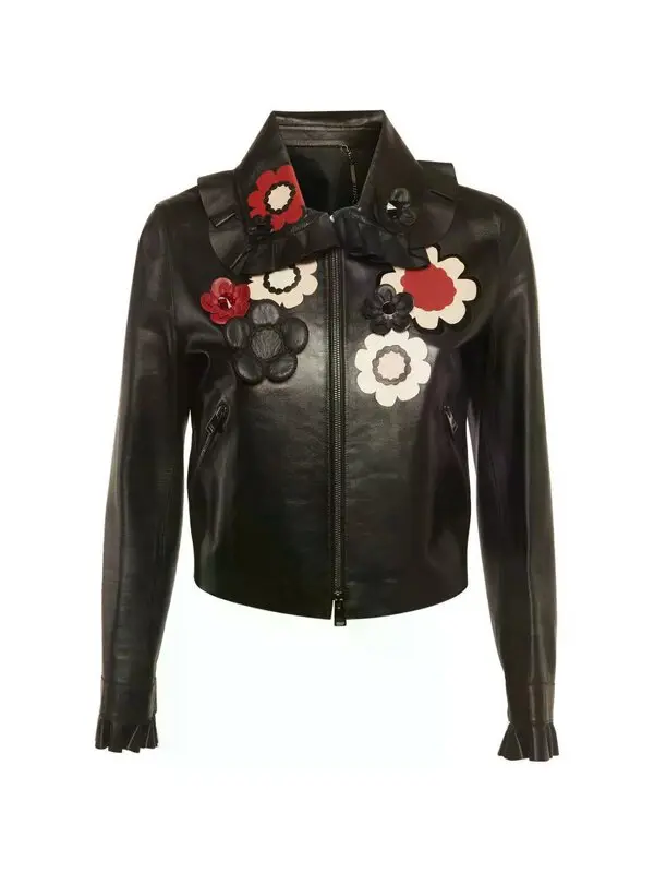 Fendi Leather Floral Embellished Jacket - Black