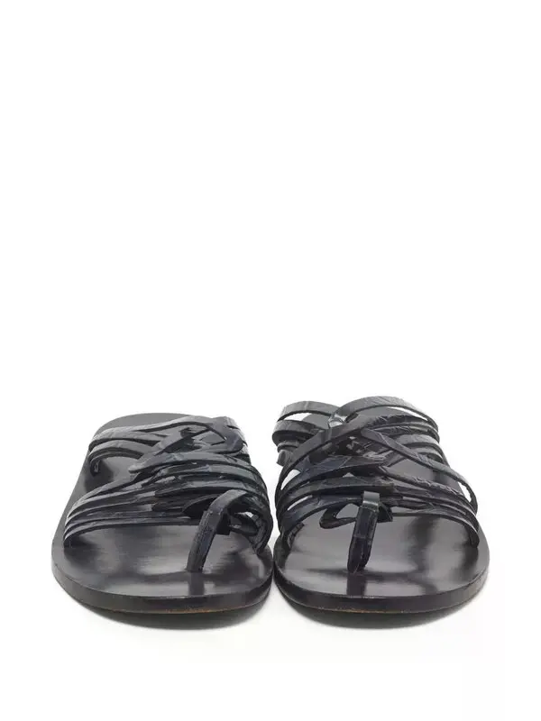LOUIS VUITTON Navy Patent Leather Embossed Croc Effect Multi-strap Thong Sandals