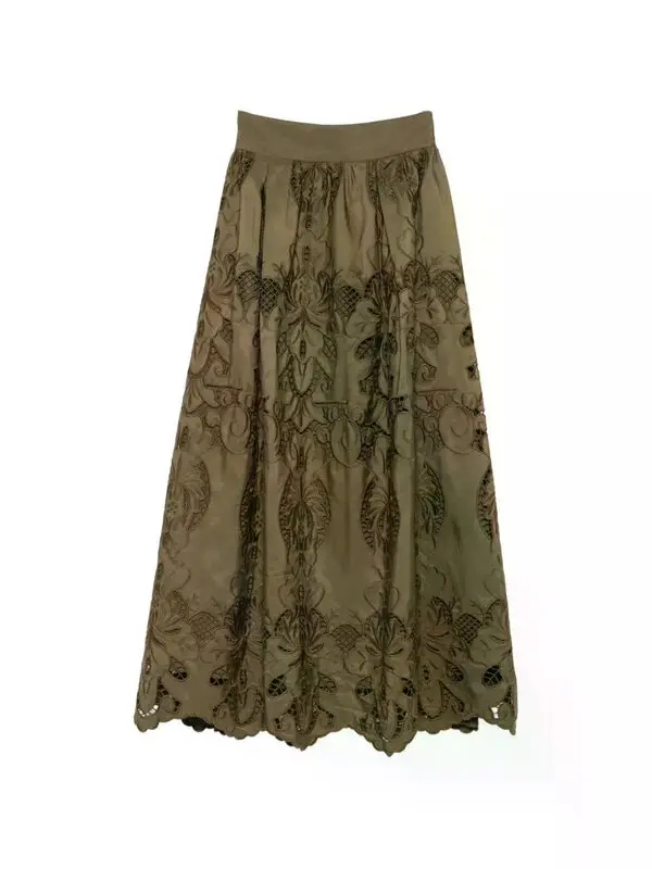 MOUTAKI Broderie Anglaise Flared Midi Skirt - Green