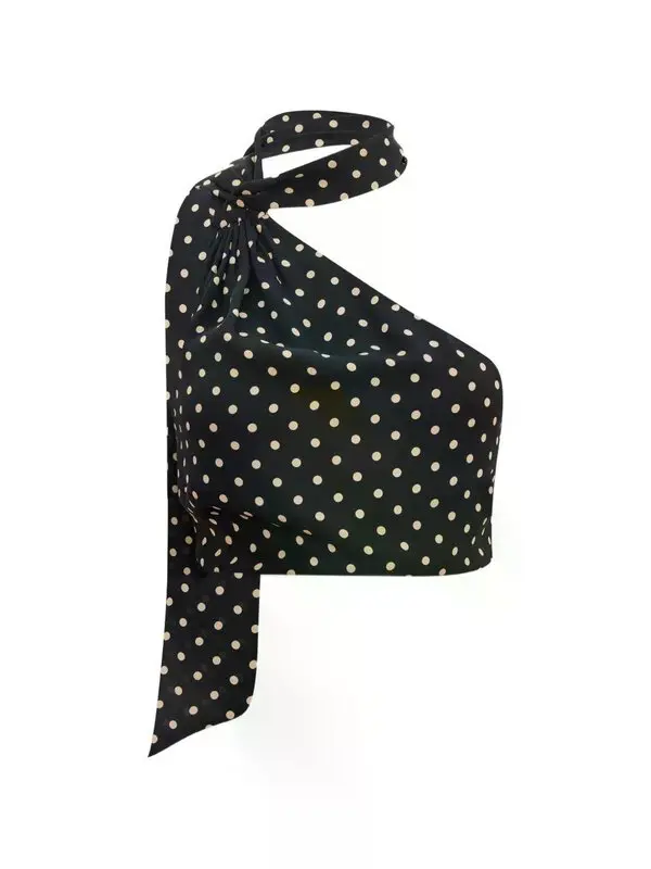 OCCLEUS Polka Dot Halter Neck Silk Top - Black