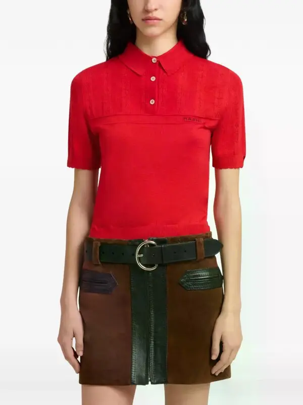 Marni Pointelle-knit Scalloped Polo Top - Red