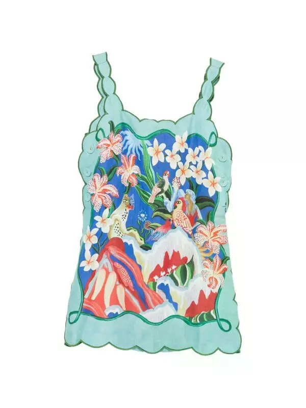 Farm Rio Scalloped Trim Graphic Print Mini Dress - Blue