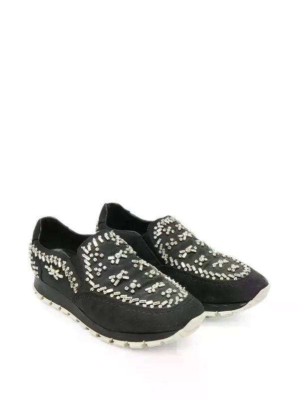 Prada Crystal Embellished Slip-on Sneakers - Black