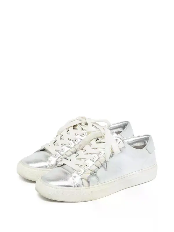 Tory Burch Leather Lace-up Sneakers With Ruffle Trim - Silver