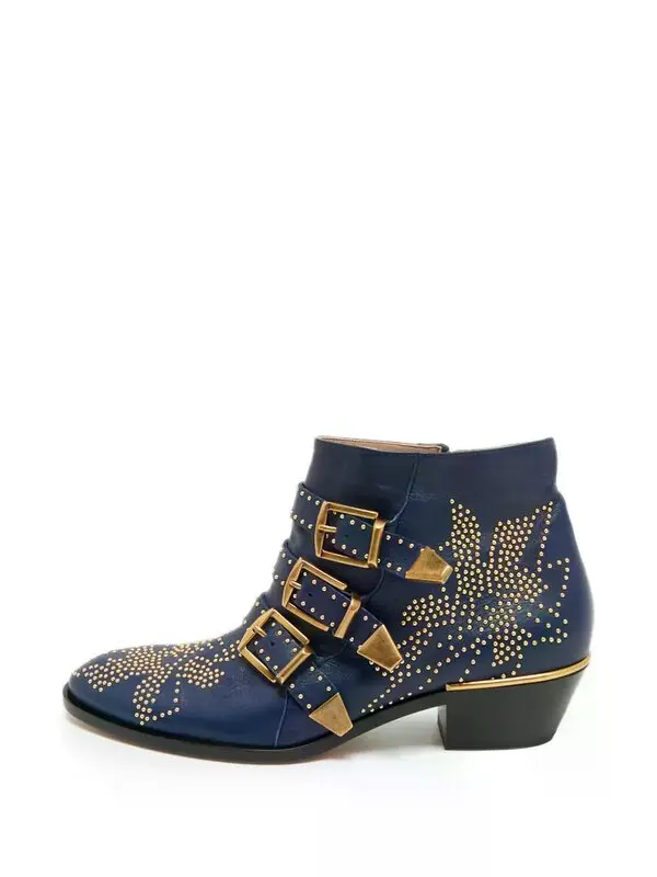 Chloé Susanna Ankle Boots With Gold-tone Studs And Buckles - Blue