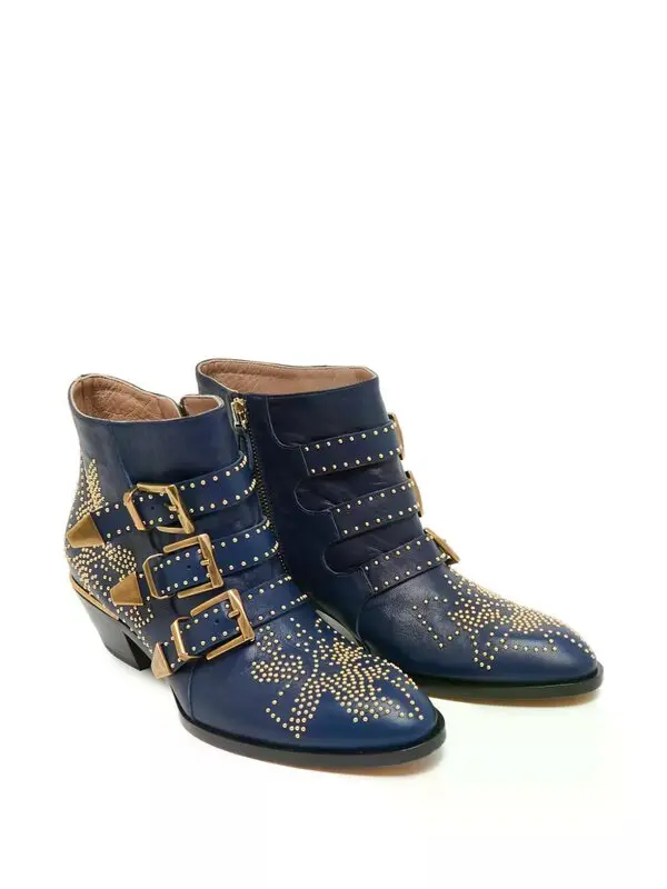 Chloé Susanna Ankle Boots With Gold-tone Studs And Buckles - Blue