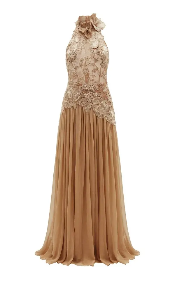 Elie Saab Embroidered Silk Maxi Dress - Tan