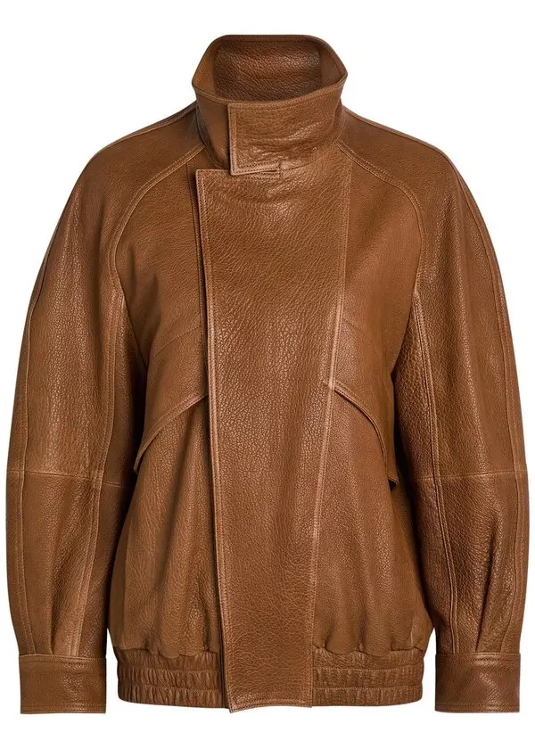 Nour Hammour Ariste Panelled Grained Leather Bomber Jacket - Brown