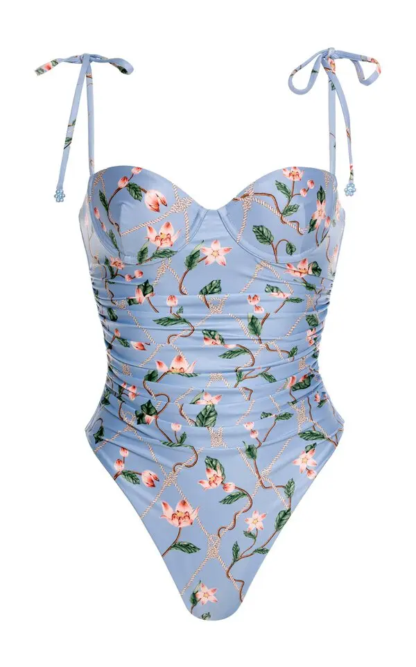 Agua Bendita One Piece With Floral Print And Rope Detail - Blue