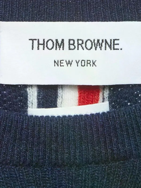 Thom Browne Navy Waffle Knit Crewneck Sweater With Rwb Stripe Detail
