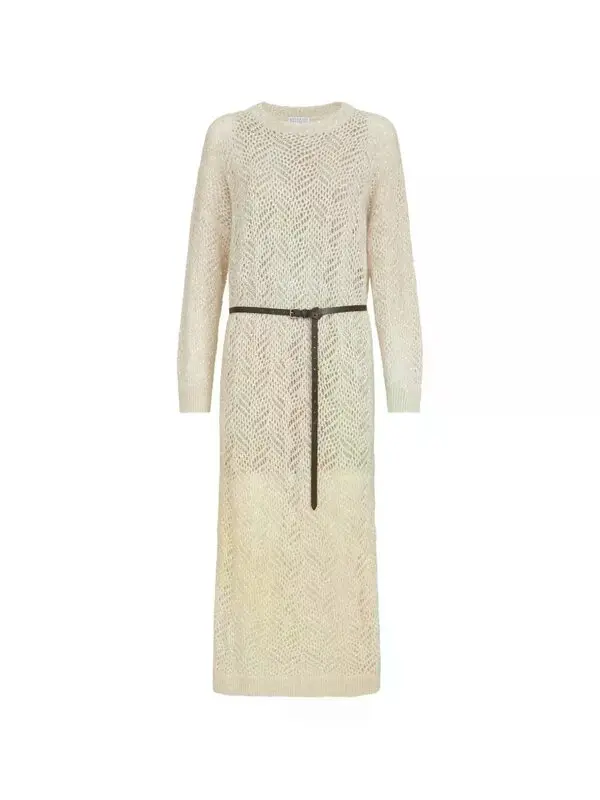 Brunello Cucinelli Dazzling Abstract Leaf Knit Dress In Mohair And Wool - Neutrals