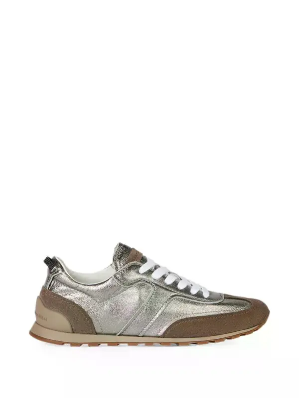 Brunello Cucinelli Lamé Calfskin And Suede Runners With Shiny Loop - Silver