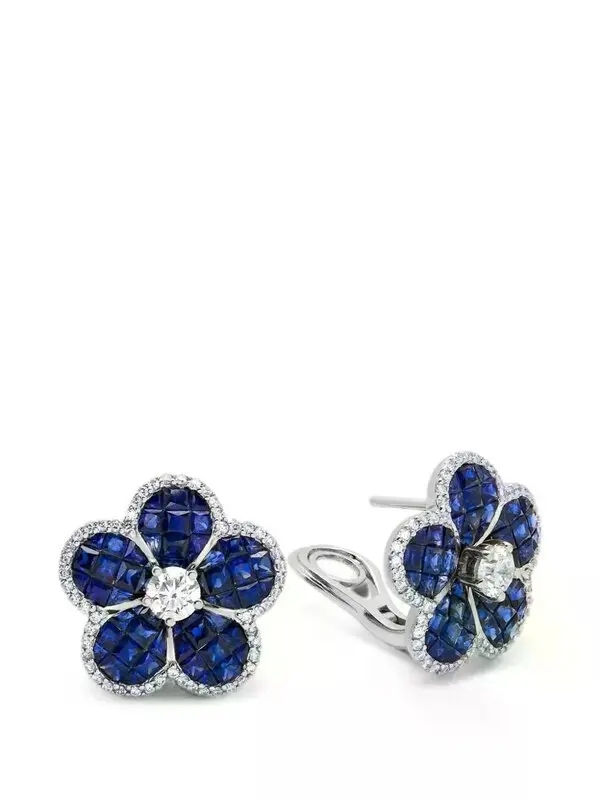 JEWELS AFICIONADO 18k White Gold Sapphire And Diamond Flower Earrings - Silver