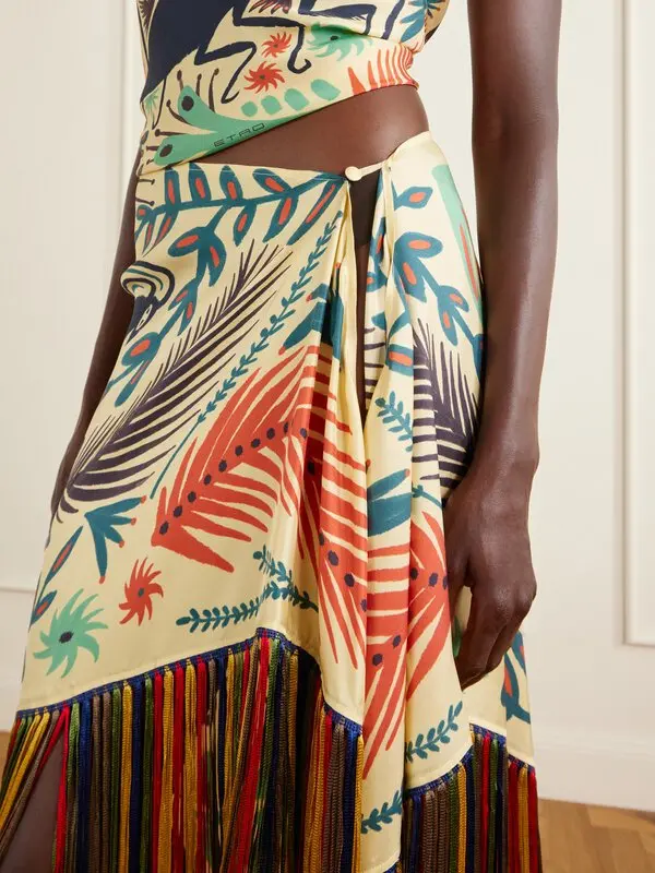 Etro Asymmetric Fringed Printed Silk-twill Mini Skirt - Neutrals