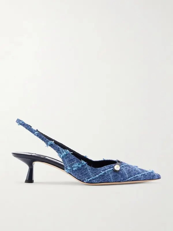 JIMMY CHOO Amita 45 Frayed Denim Slingback Pumps - Blue