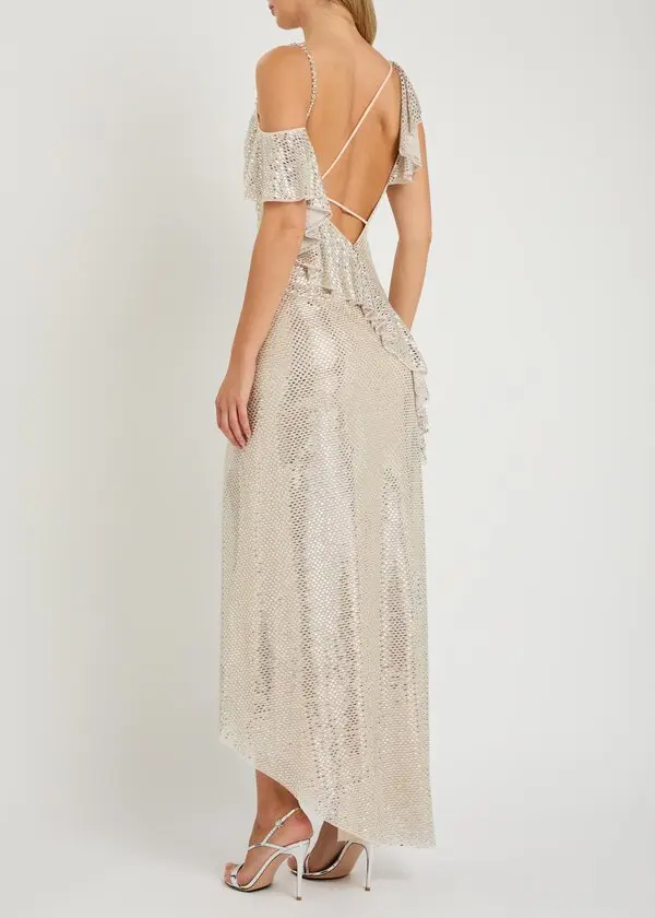 SELF-PORTRAIT Crystal-embellished Asymmetric Stretch-tulle Maxi Dress