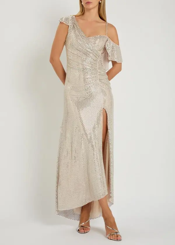 SELF-PORTRAIT Crystal-embellished Asymmetric Stretch-tulle Maxi Dress