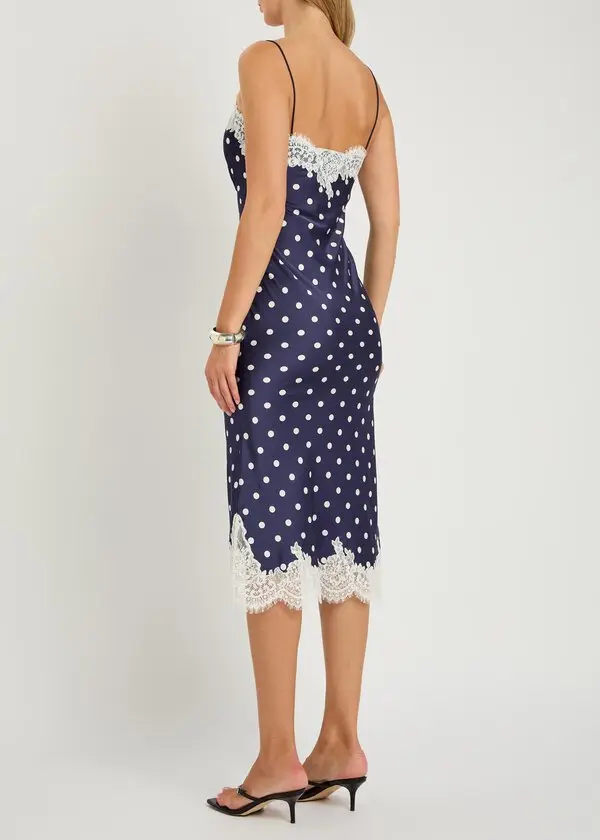 SELF-PORTRAIT Polka Dot Lace-trim Satin Midi Dress
