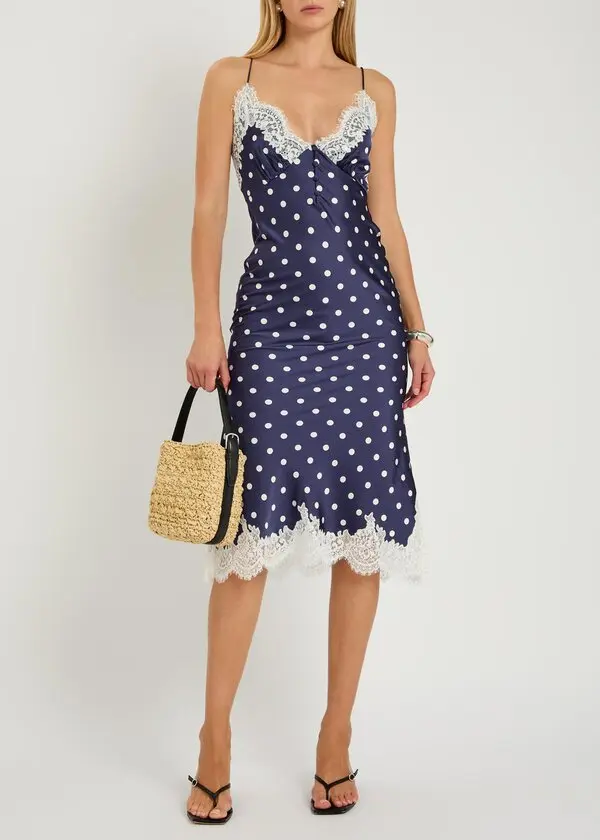SELF-PORTRAIT Polka Dot Lace-trim Satin Midi Dress