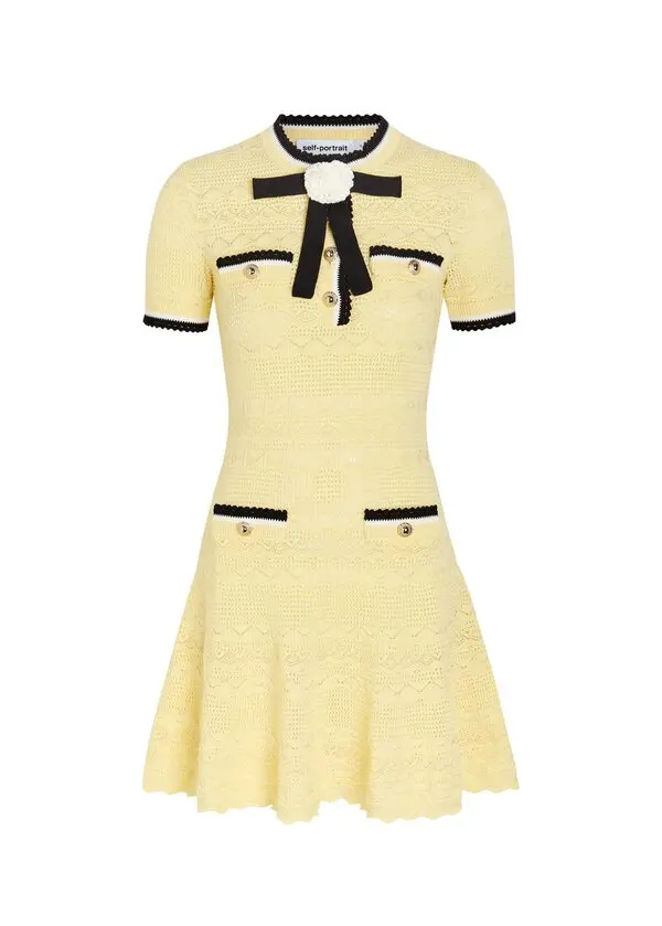 SELF-PORTRAIT Pointelle Knit Mini Dress - Yellow