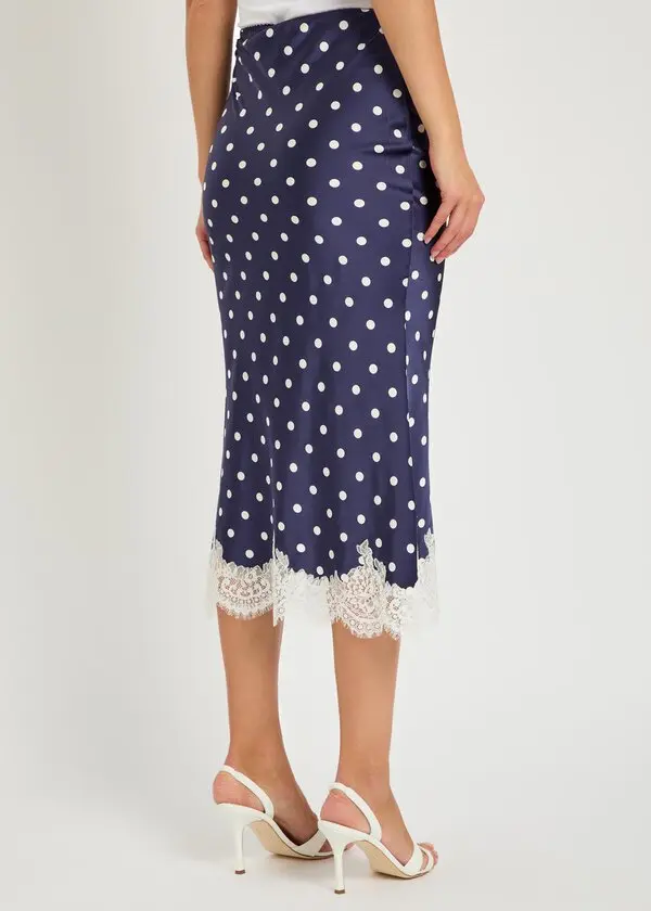 SELF-PORTRAIT Polka Dot Satin Midi Skirt With Lace Trim - Navy